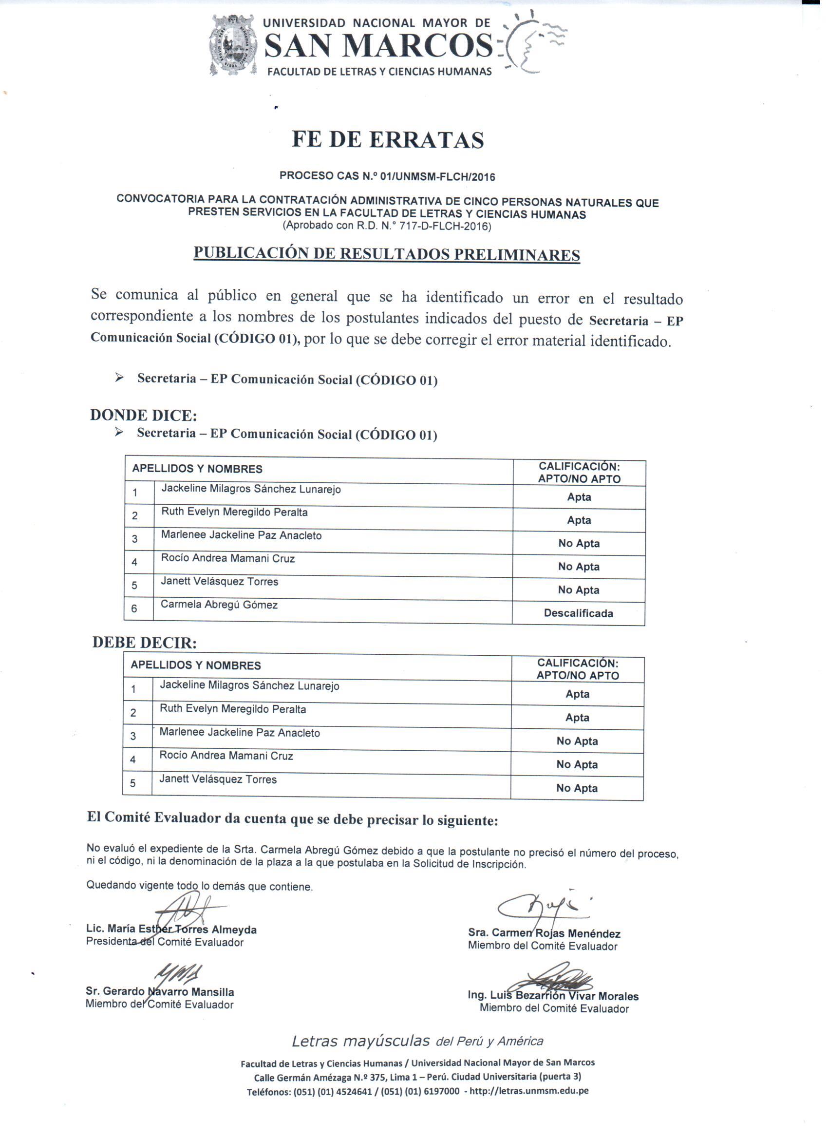 FE DE ERRATAS: Convocatoria CAS - LETRAS